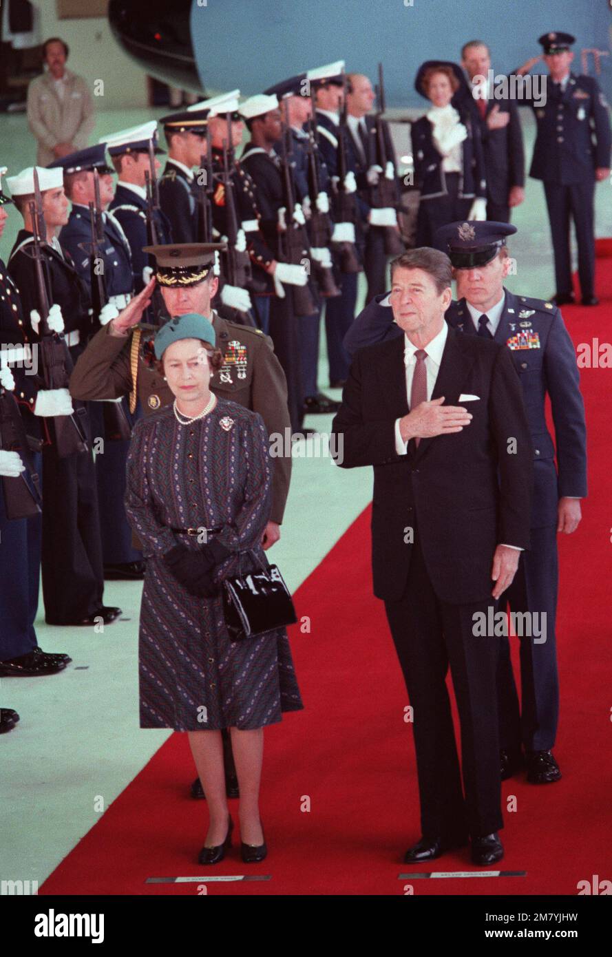 Queen Elizabeth II stands with President Ronald Reagan during a ...