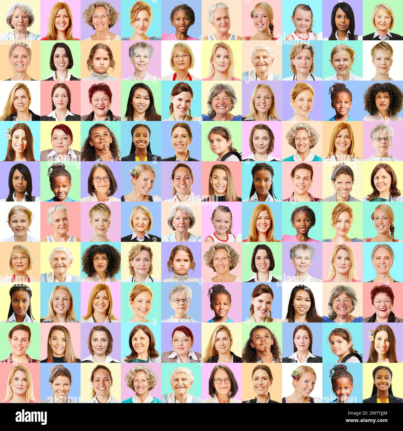 Portraits of women of many generations on many colored backgrounds as a ...