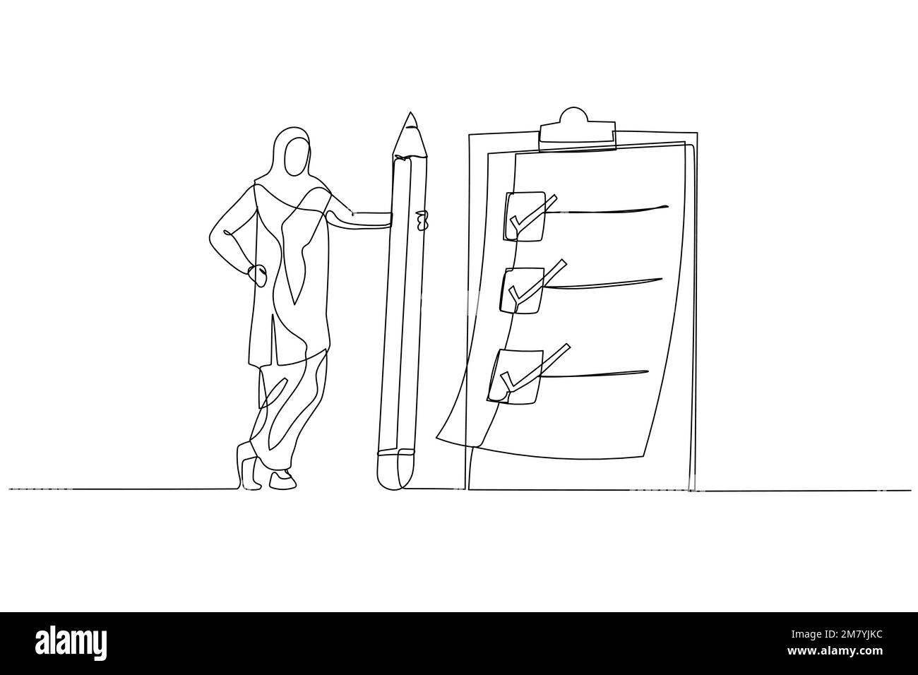 Illustration of muslim woman holding pencil at questionnaire checklist ...