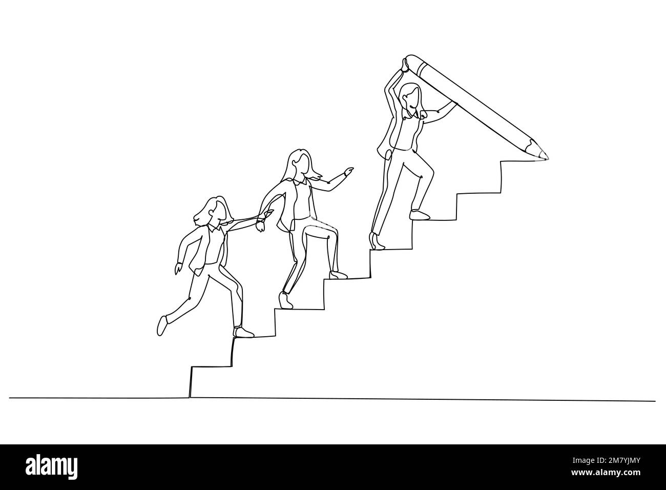 Drawing of businesswoman draw stair with pencil to lead team walk up ...