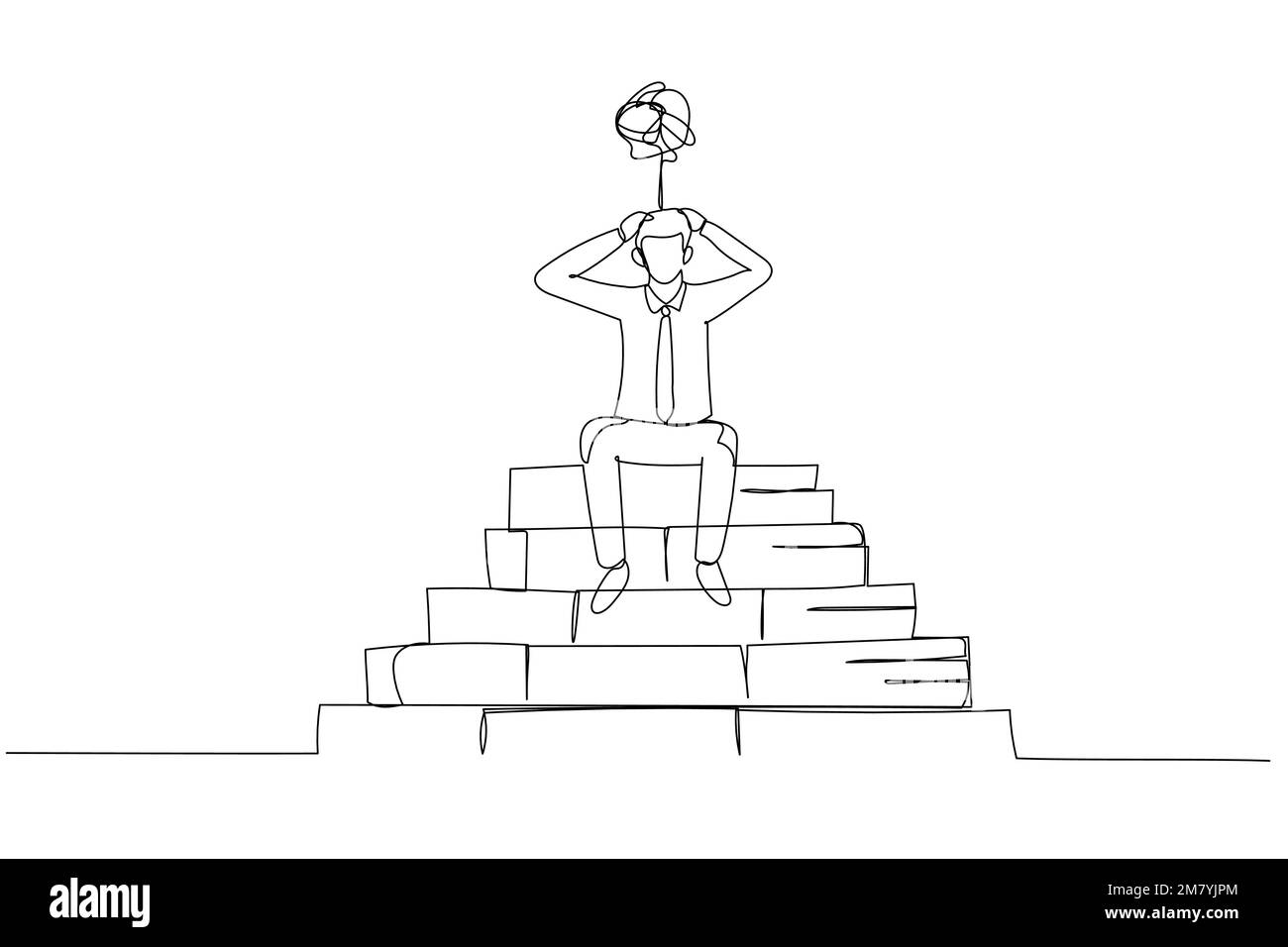 Drawing of businessman stressed because of paperwork. Single continuous ...