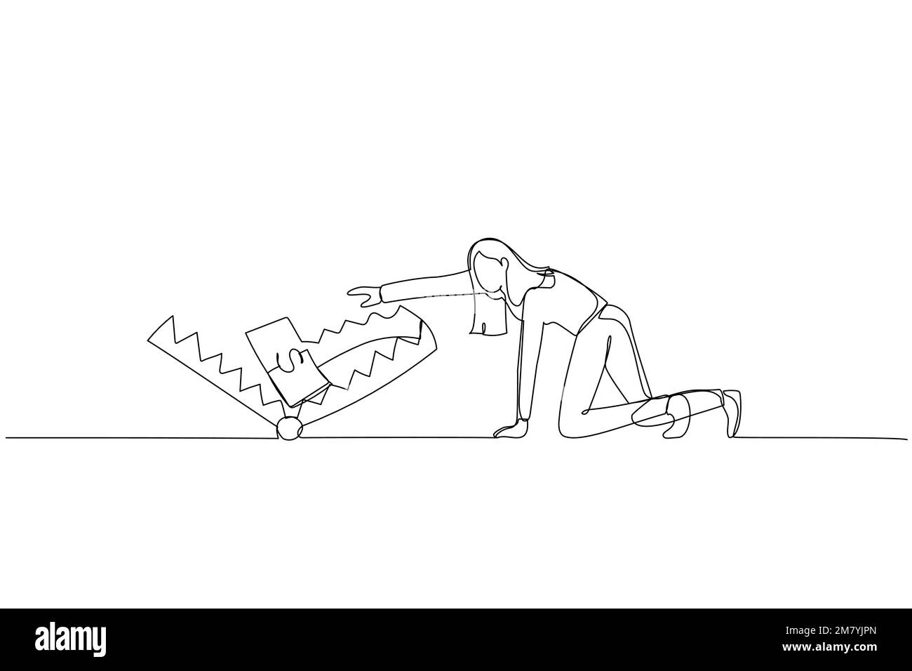 Cartoon of business woman crawling into money trap. One line art style ...