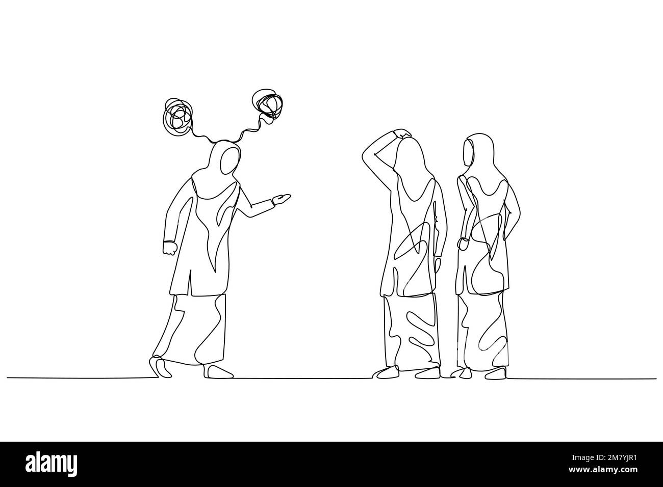 Drawing of muslim woman get angry to calm coworker metaphor of ...