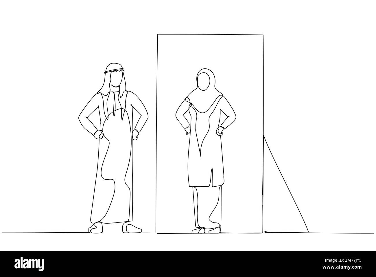 Illustration of arab man looking at opposite gender of self on mirror ...