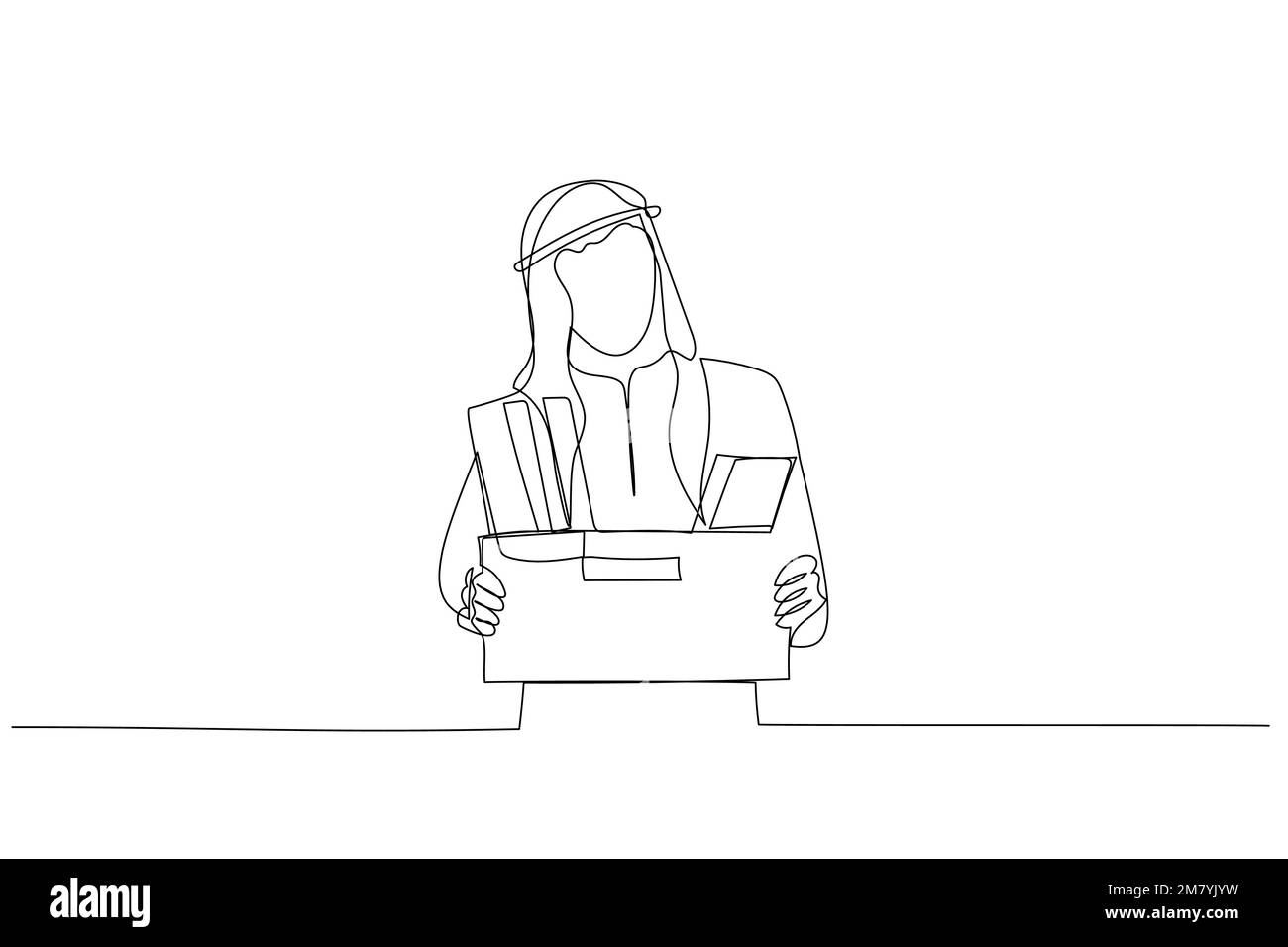 Drawing of stress arab man stand holding box full of belonging after ...