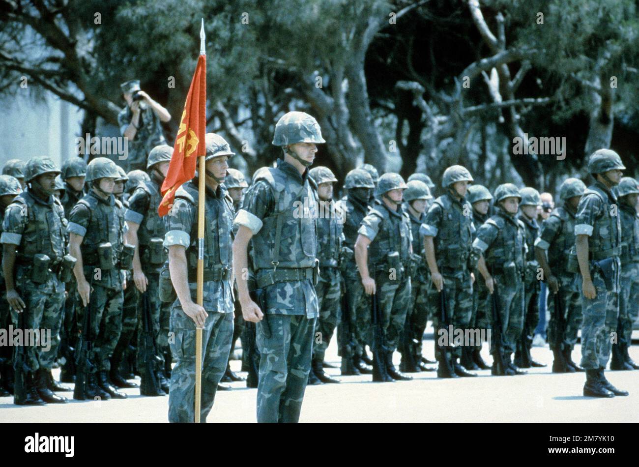 A view of Marines standing in formation during their participation as ...