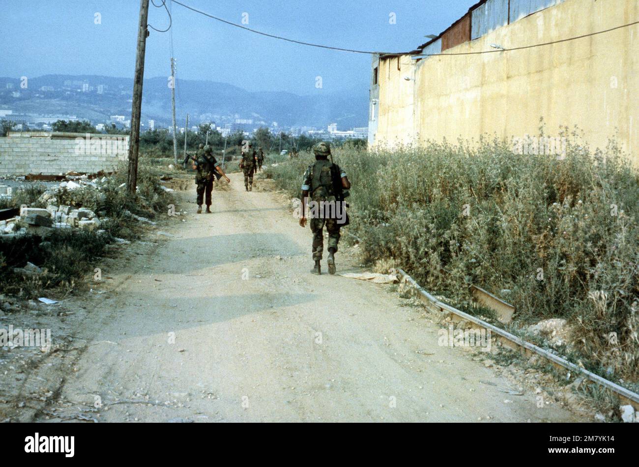 A view of Marines on foot patrol during their participation as members ...