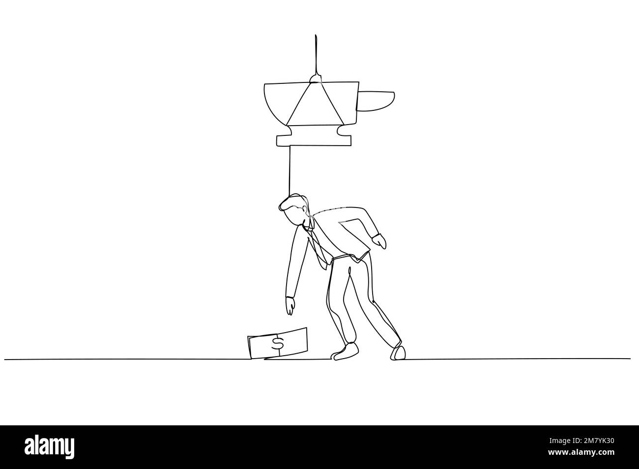 Drawing of businessman almost crushed by anvil money trap. Single ...
