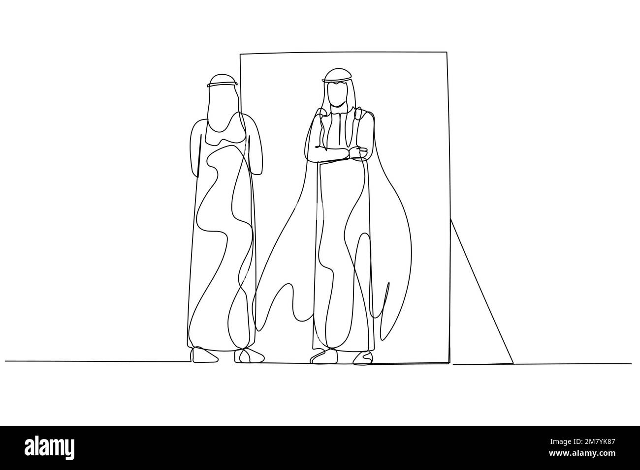 Cartoon of arab man reflect self looking into inner strength in mirror ...