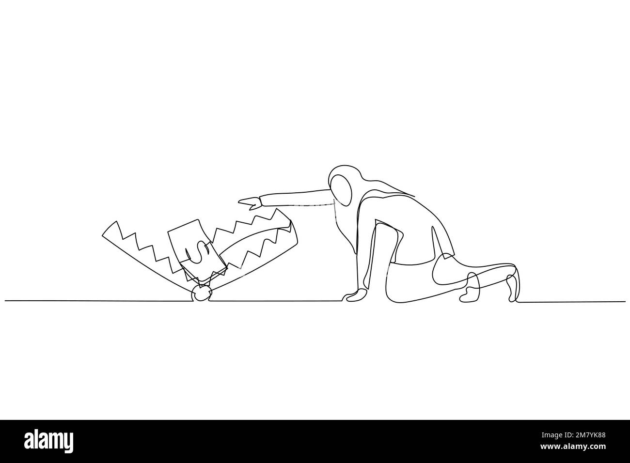 Drawing of muslim business woman crawling into money trap. One line art ...