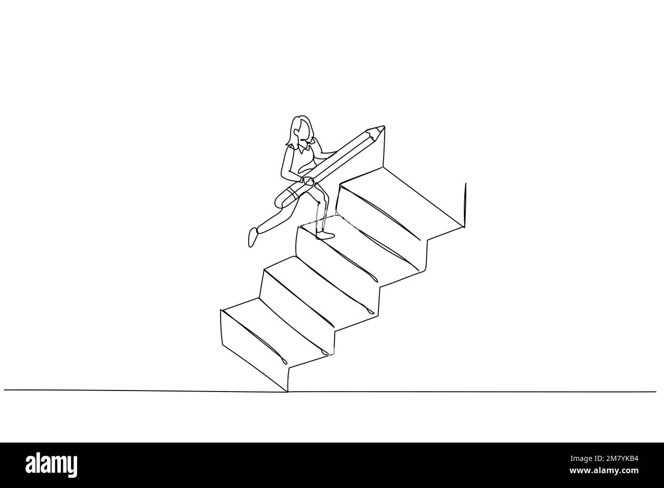 Drawing of businesswoman using pencil to draw big stair to climb up to ...