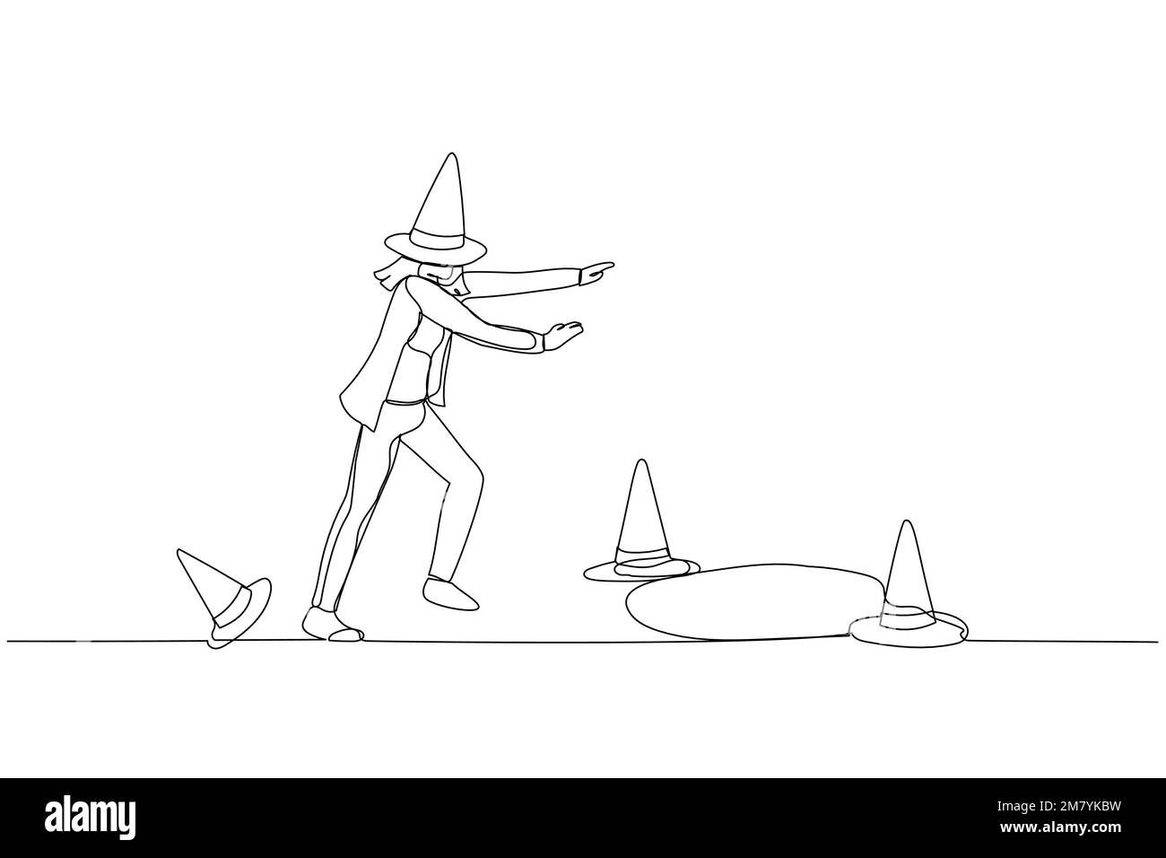 Cartoon of blindfold business woman walking into trap hole concept of ...