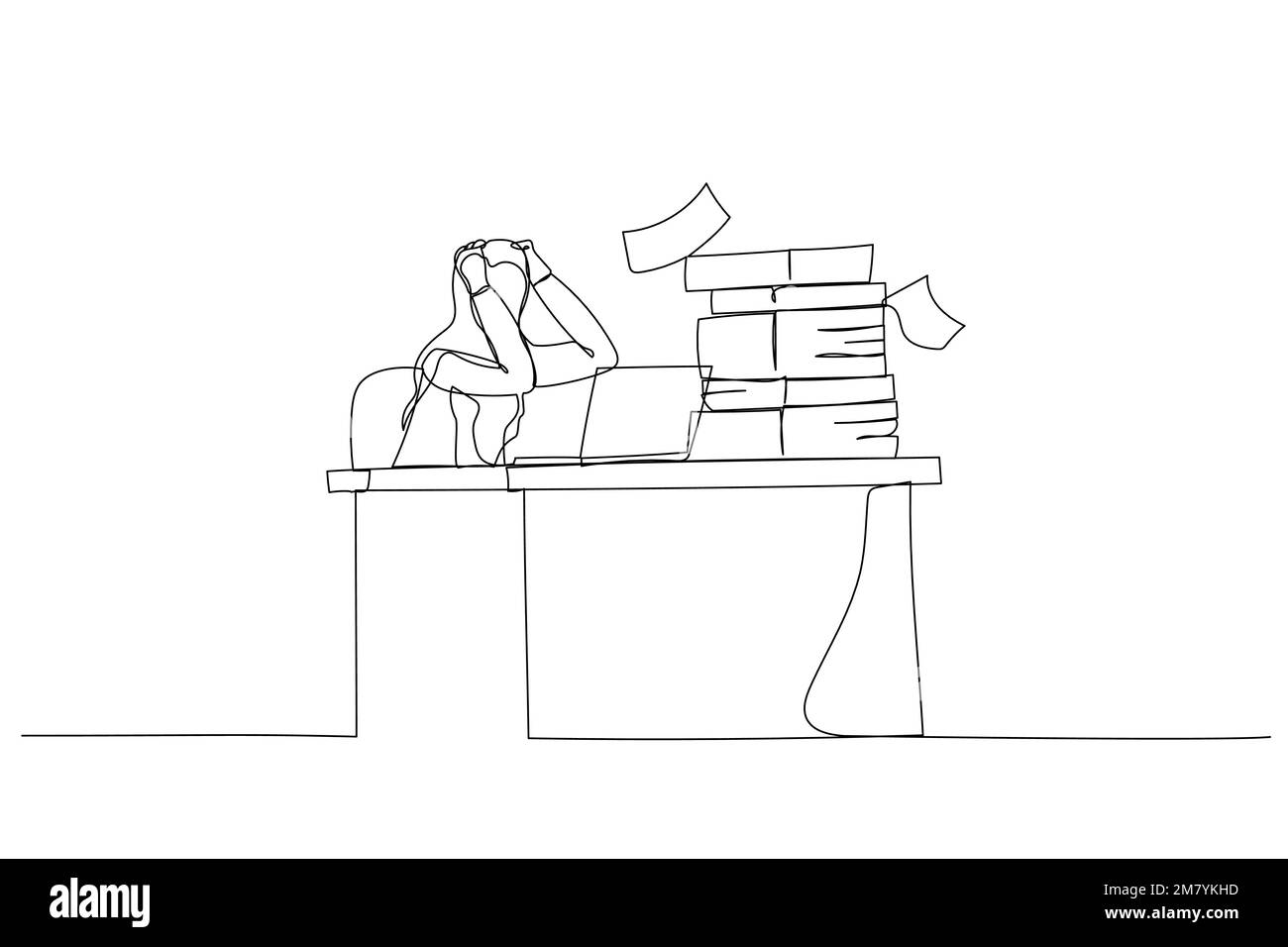 Drawing of muslim woman frustated sitting on office busy desk concept ...