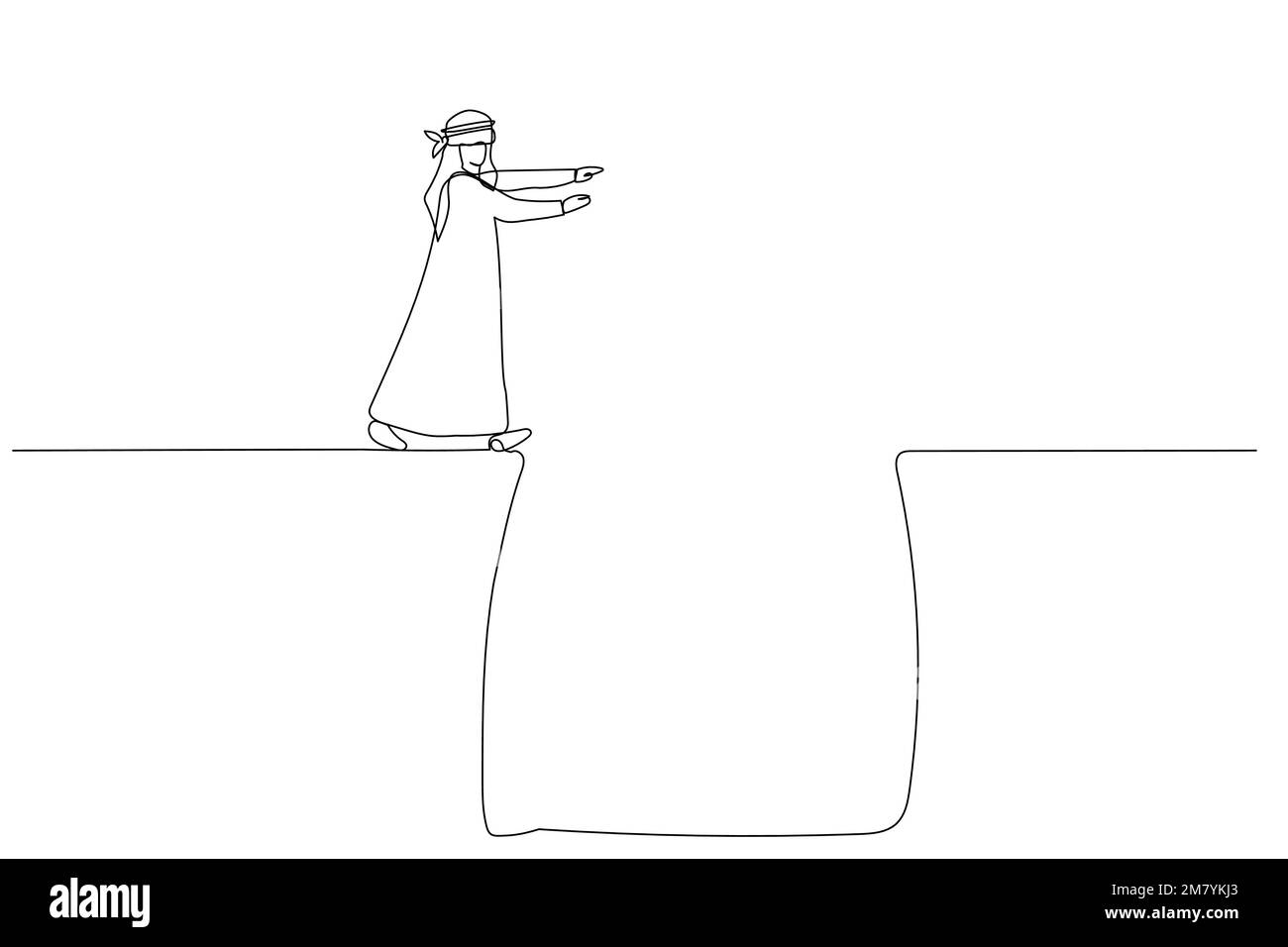 Drawing of blindfolded arab man walking into deep hole concept of ...
