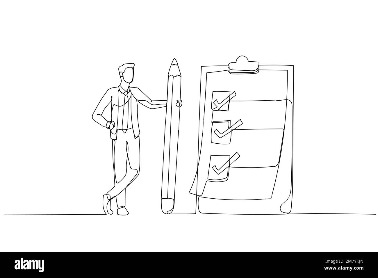 Cartoon of businessman holding pencil at questionnaire checklist with ...