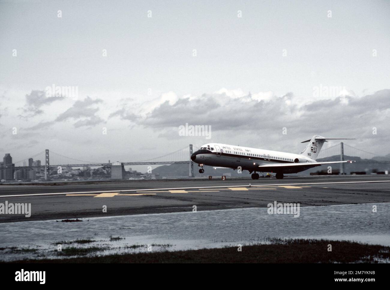 A left front view of a C-9B Skytrain II aircraft on the runway. Base ...