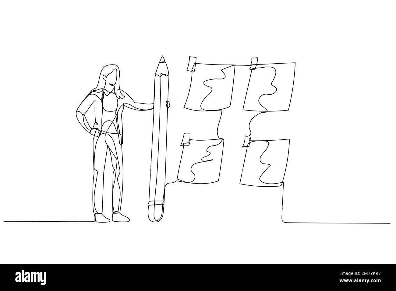 Drawing of businesswoman with pencil sort sticky notes concept of ...