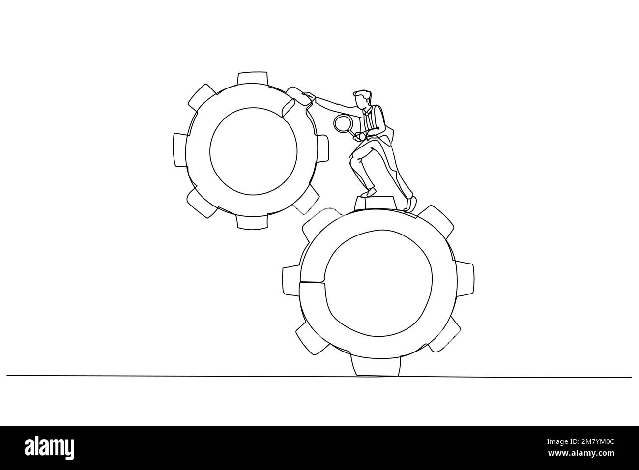 Drawing of businessman leader use magnifying glass analyze cog wheels ...