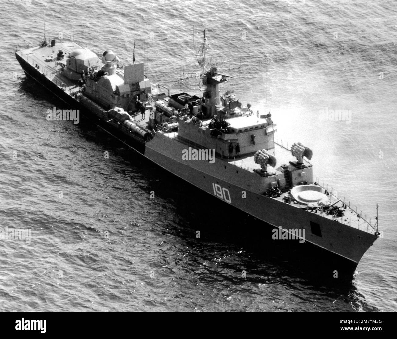 An aerial starboard bow view of a Soviet Grisha class frigate underway ...