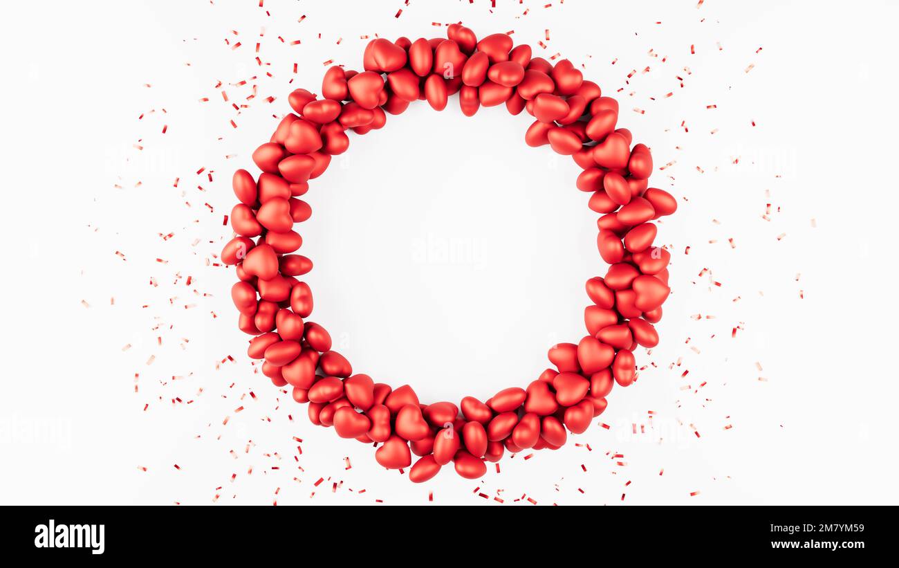 Valentine day red hearts circle with confetti on white backdrop. 3d ...