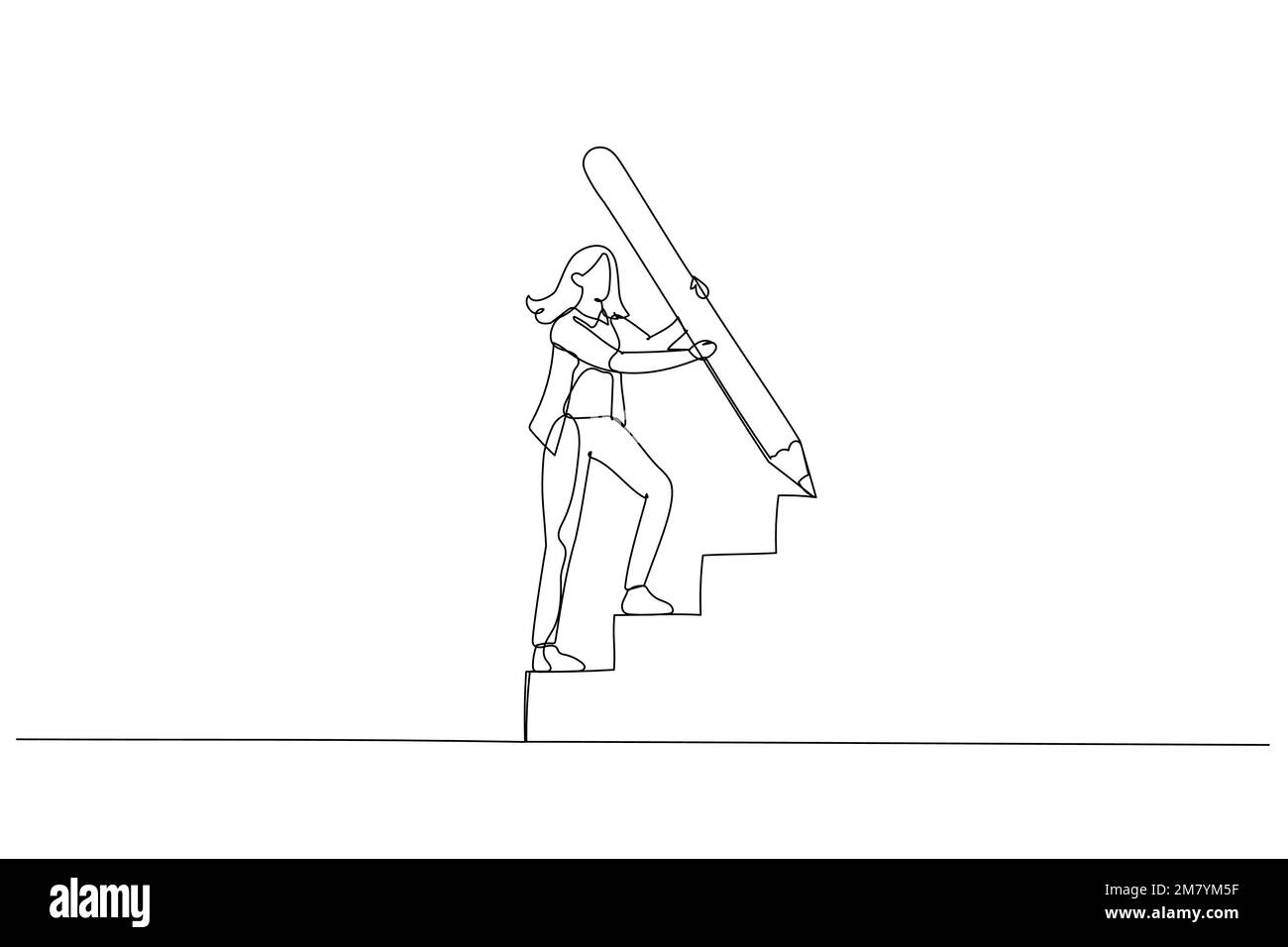 Cartoon of businesswoman use huge pencil draw staircase climbing up ...
