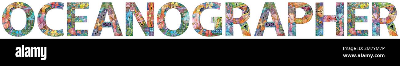 Hand-painted art design. Hand drawn illustration word Oceanography for ...