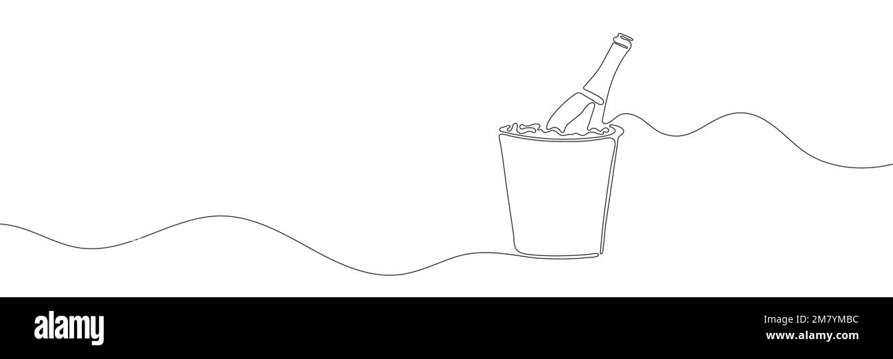 A bottle of champagne in a bucket of one line. Continuous line drawing of champagne bottle in ...