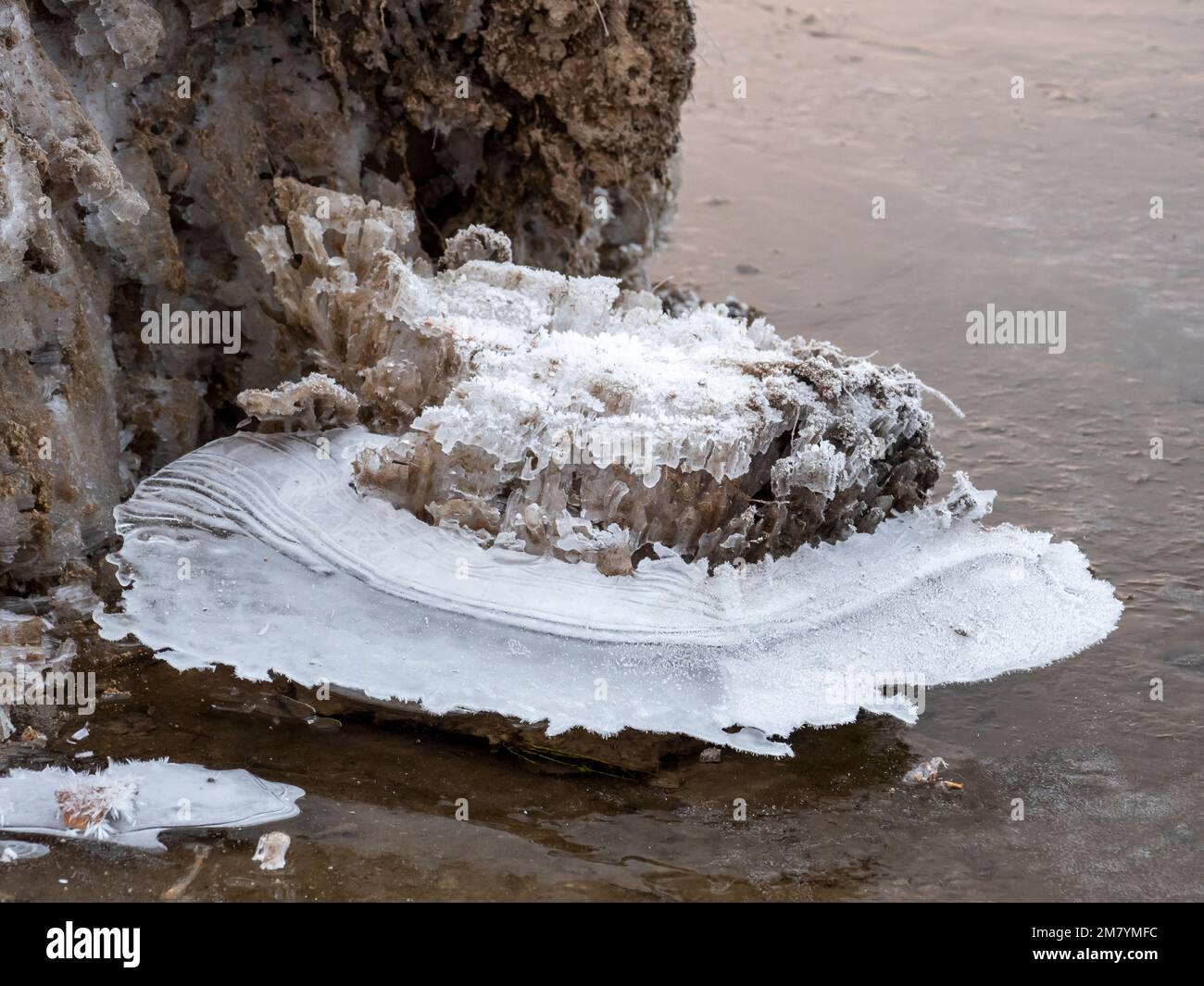 Needle ice on the banks of the River Brathay at the head of Lake ...