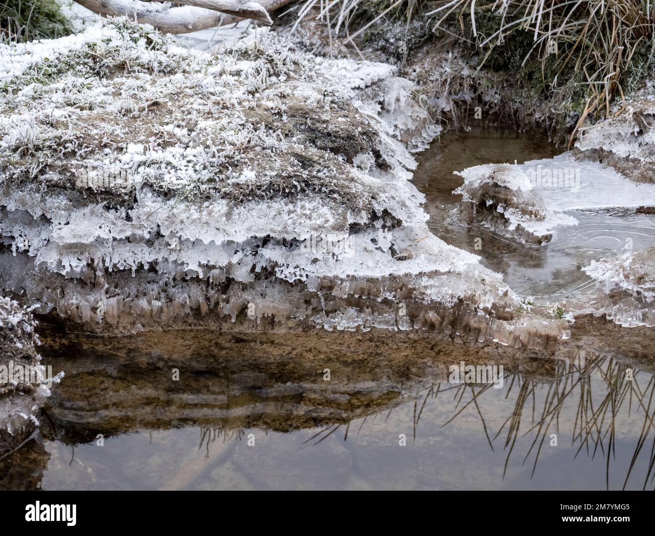 Needle ice on the banks of the River Brathay at the head of Lake ...