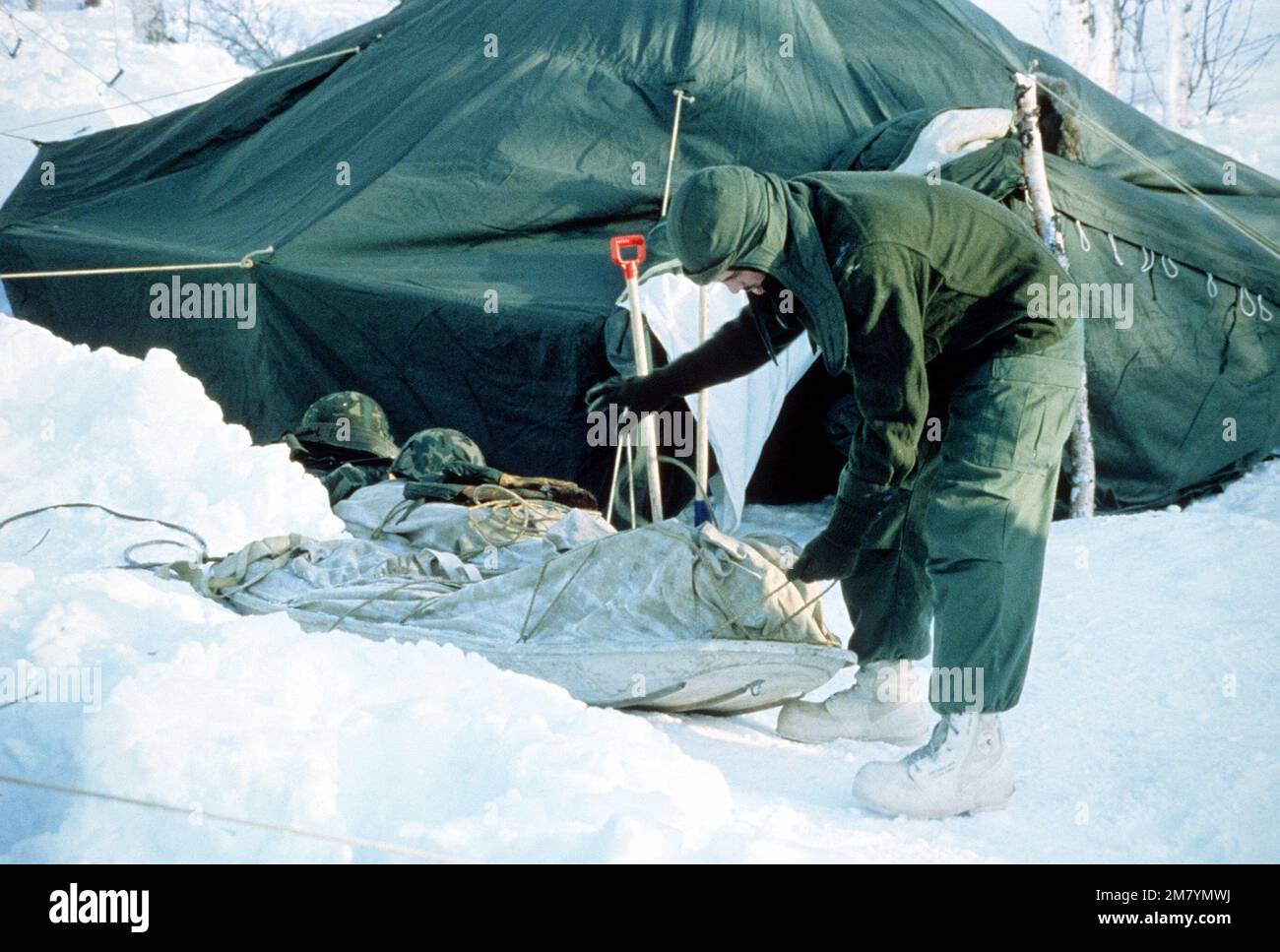 A member of Co. B, 1ST Bn., 2nd Marine Div., unpacks a sled of supplies ...