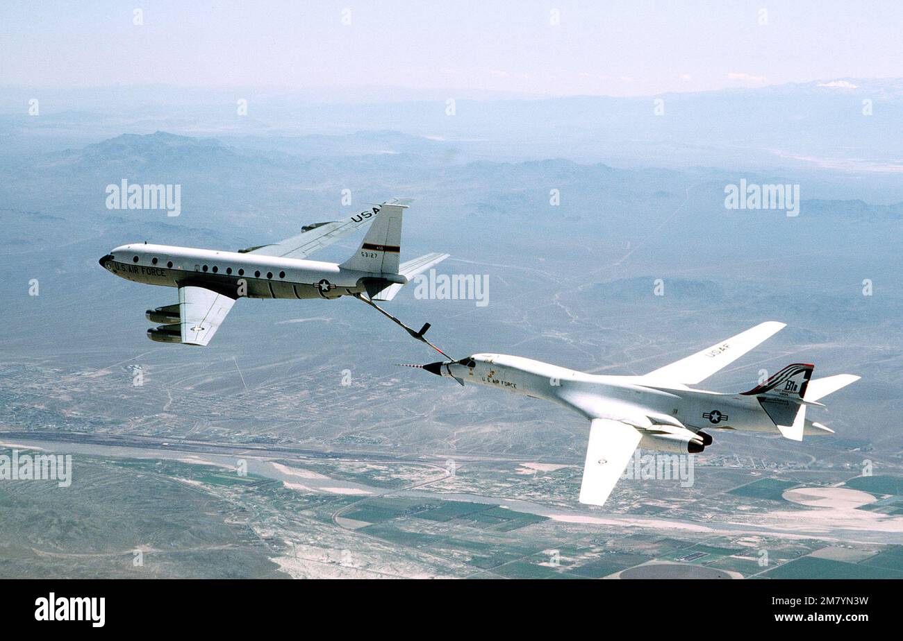 An air-to-air left side view of a KC-135 Stratotanker aircraft ...