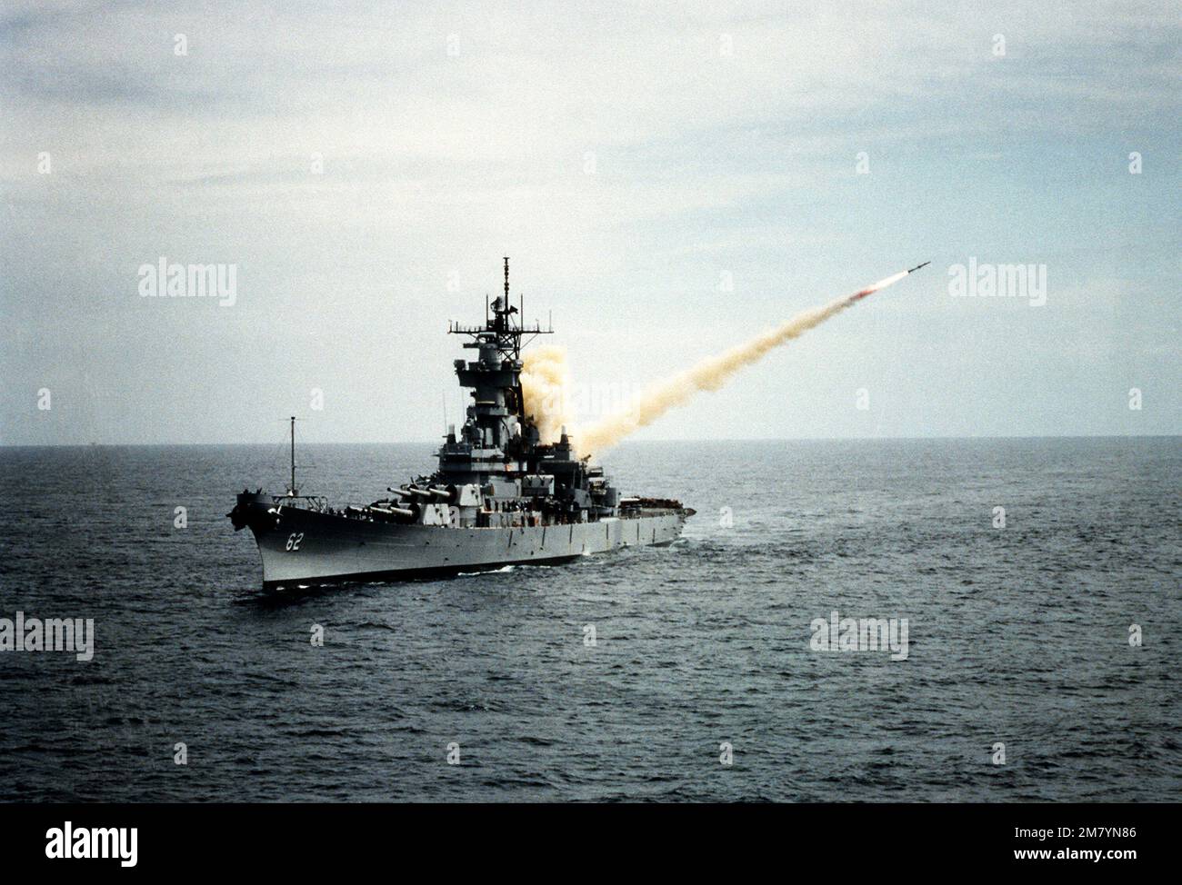An RGM-84 Harpoon missile is launched from the battleship USS NEW ...