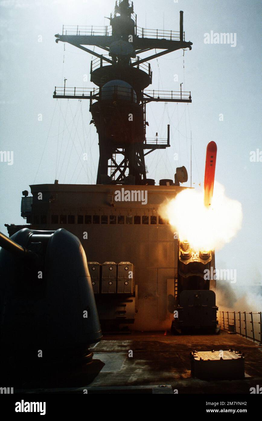 A BGM-109 Tomahawk cruise missile is launched aboard the destroyer USS ...
