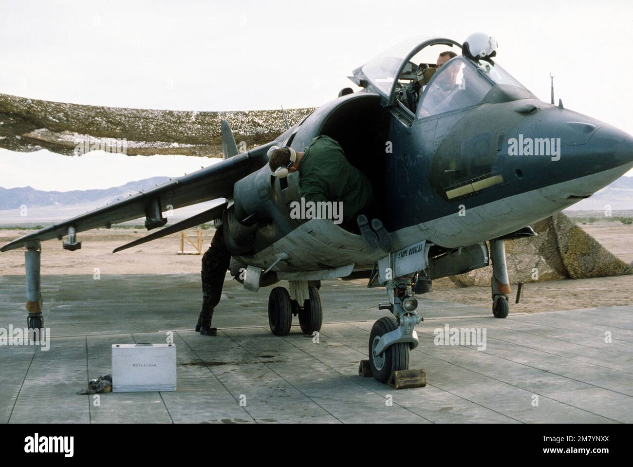 A right front view of an AV-8B Harrier aircraft from Marine Light ...