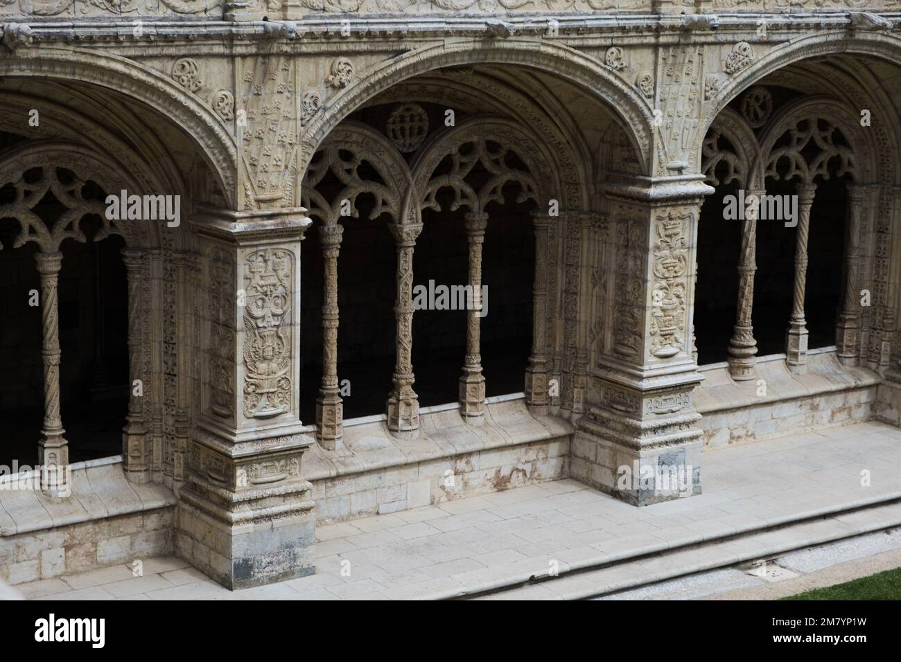 A part of an exterior view of the Jeronimos monastery with an arched ...