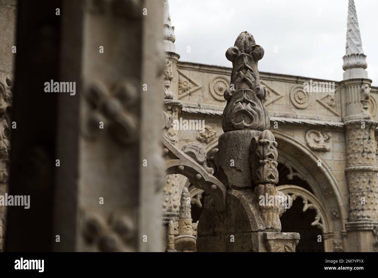 A part of an exterior view of the Jeronimos monastery with sculptures ...