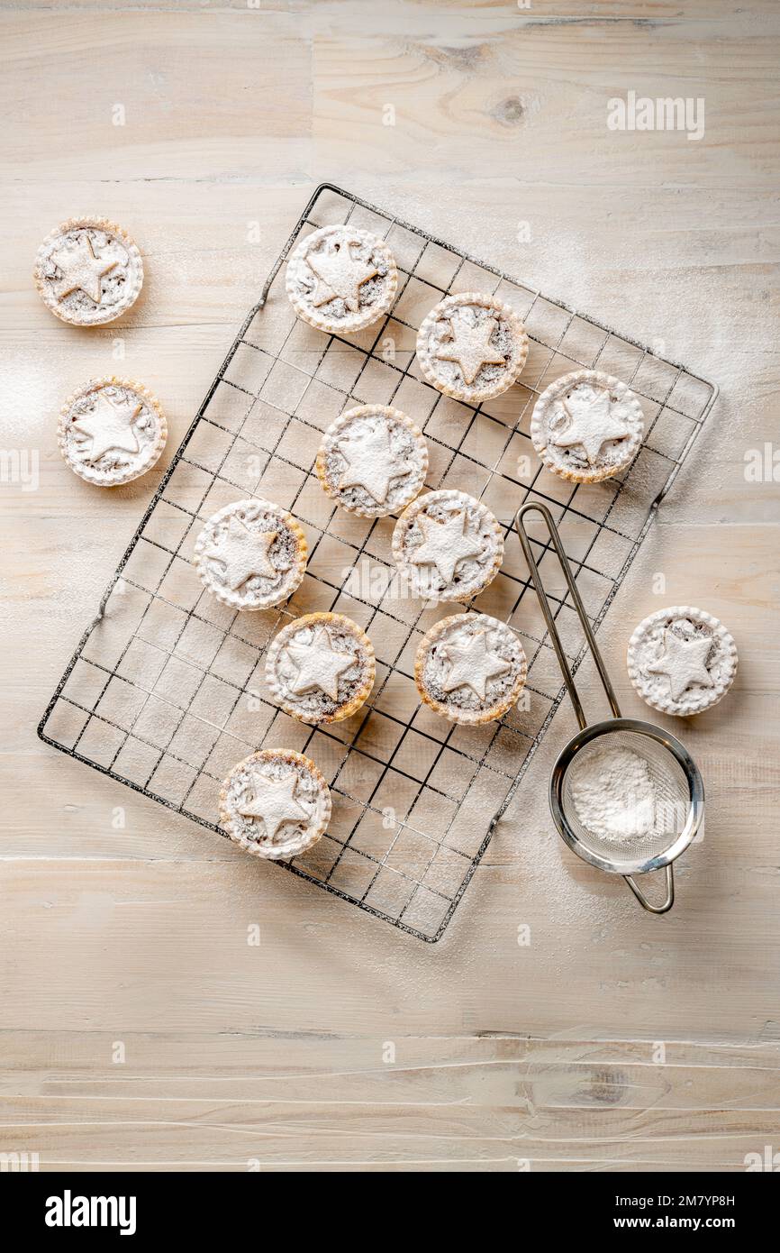 Flat lay mince pies topped with pastry stars, dusted with icing sugar ...