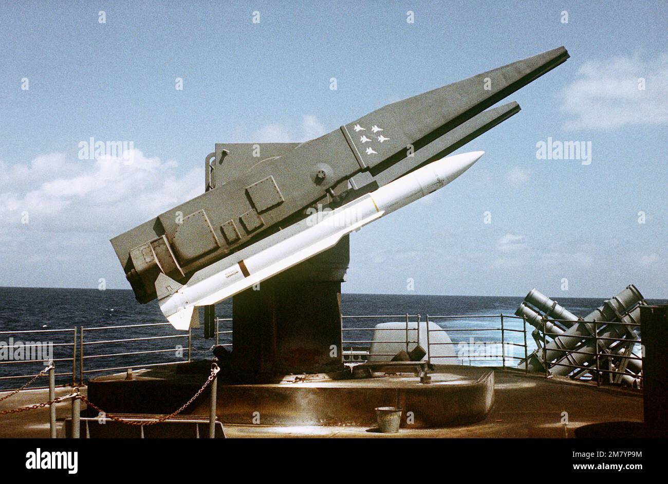 RIM-66 Standard MR/SM-2 missiles on a Mark 26 launcher, prior to being ...