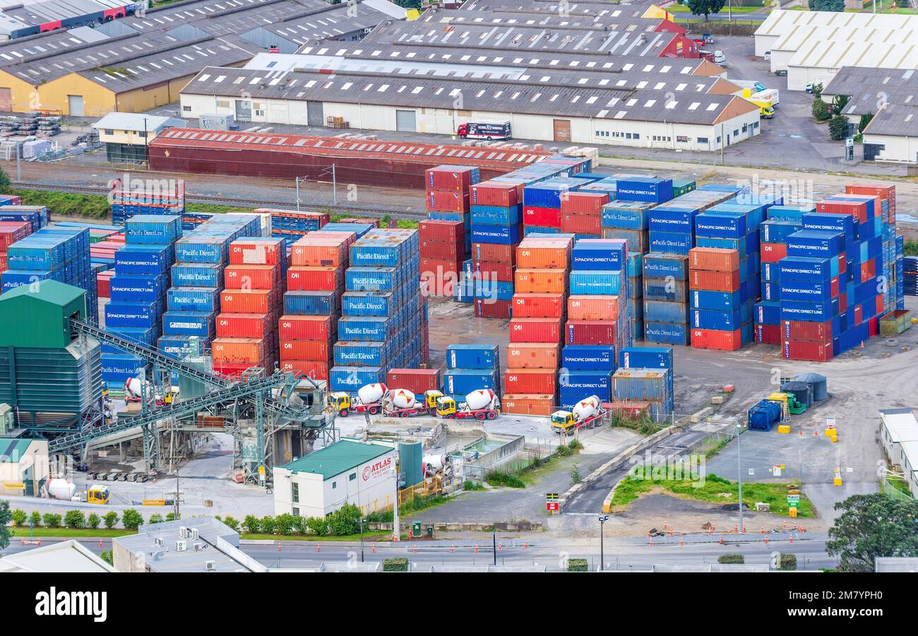 An aerial view of containers stored at a facility in Auckland, New ...