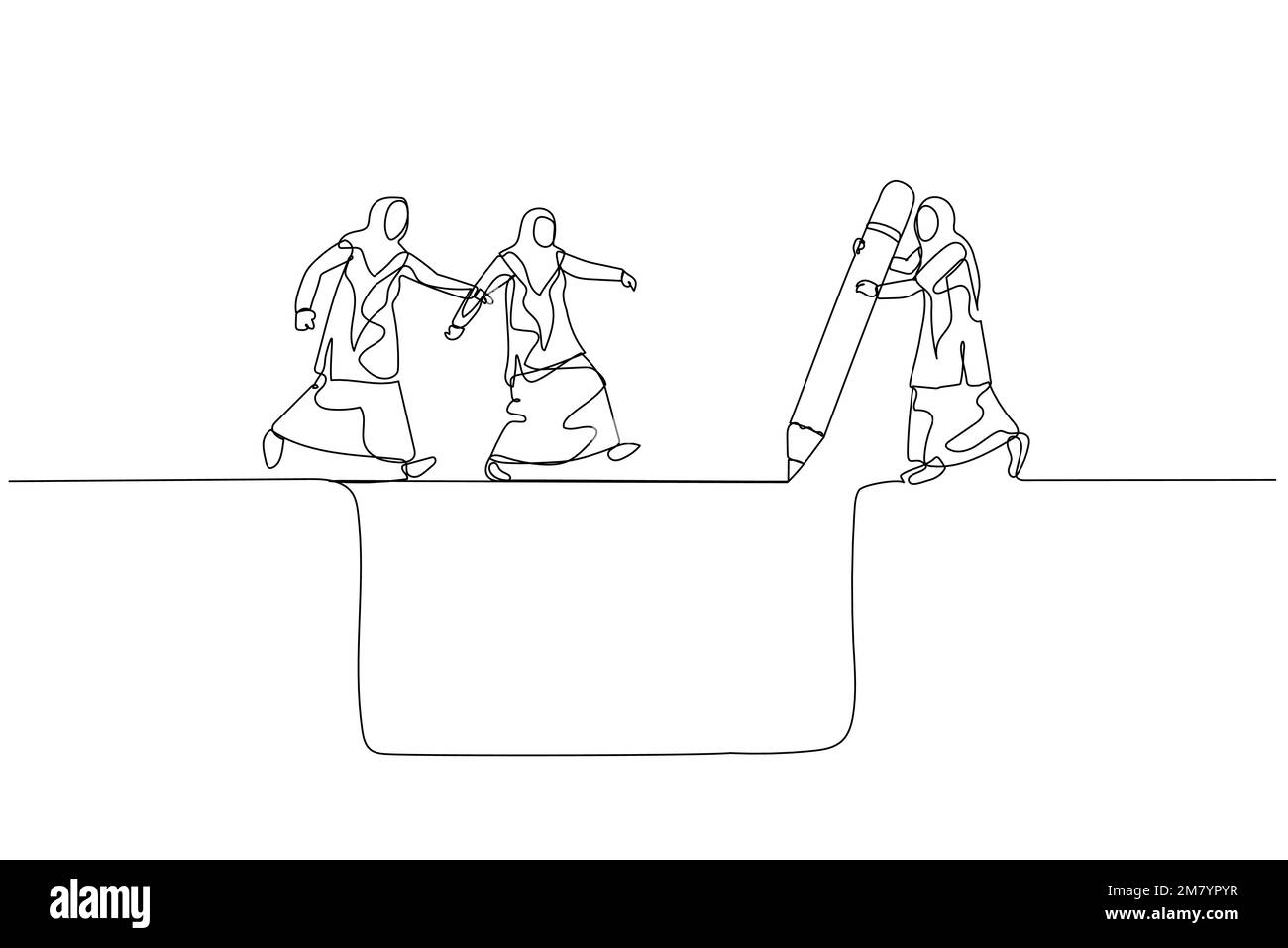 Drawing of muslim woman manager draw bridge help team cross cliff ...