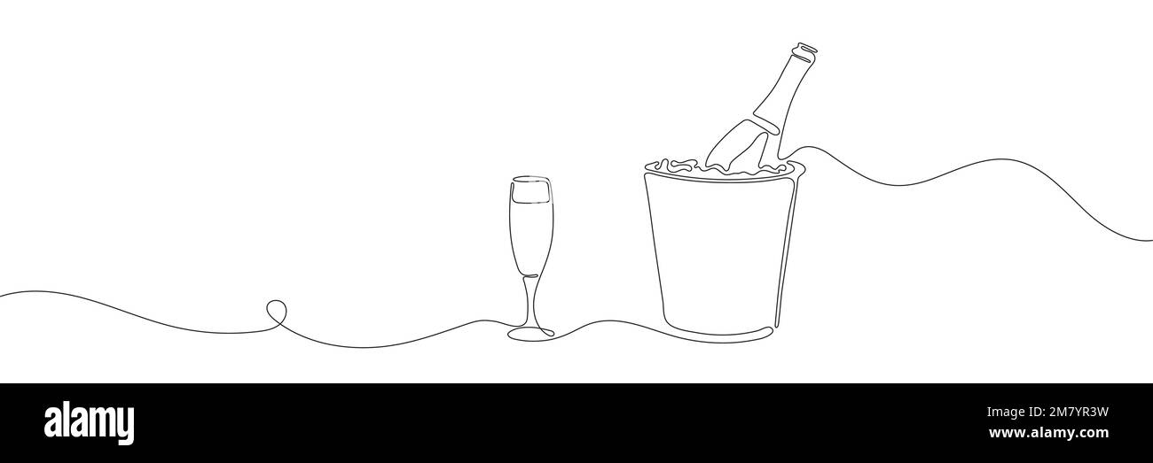 A bottle of champagne in a bucket of one line. Continuous line drawing of champagne bottle in ...