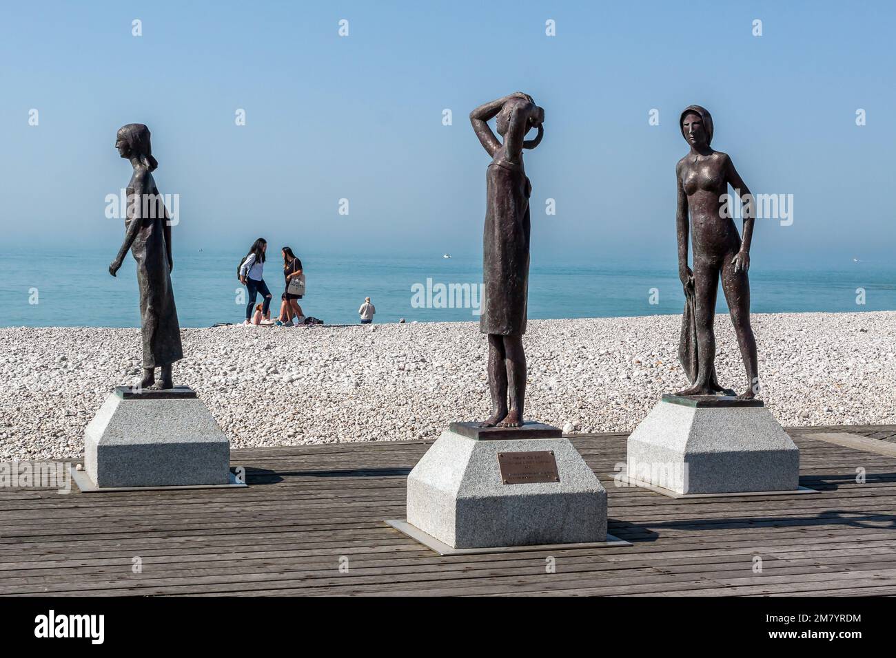 SWIMMERS AND STATUES ON THE BEACH OF FECAMP, SEINE-MARITIME, NORMANDY ...