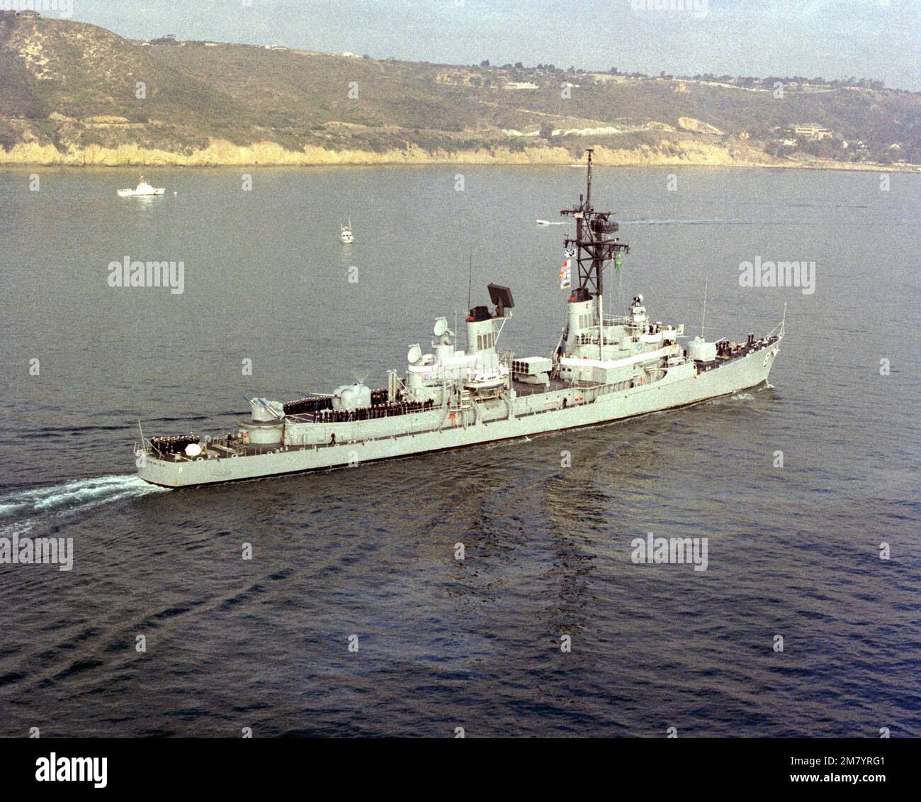 An aerial starboard quarter view of the guided missile destroyer USS ...