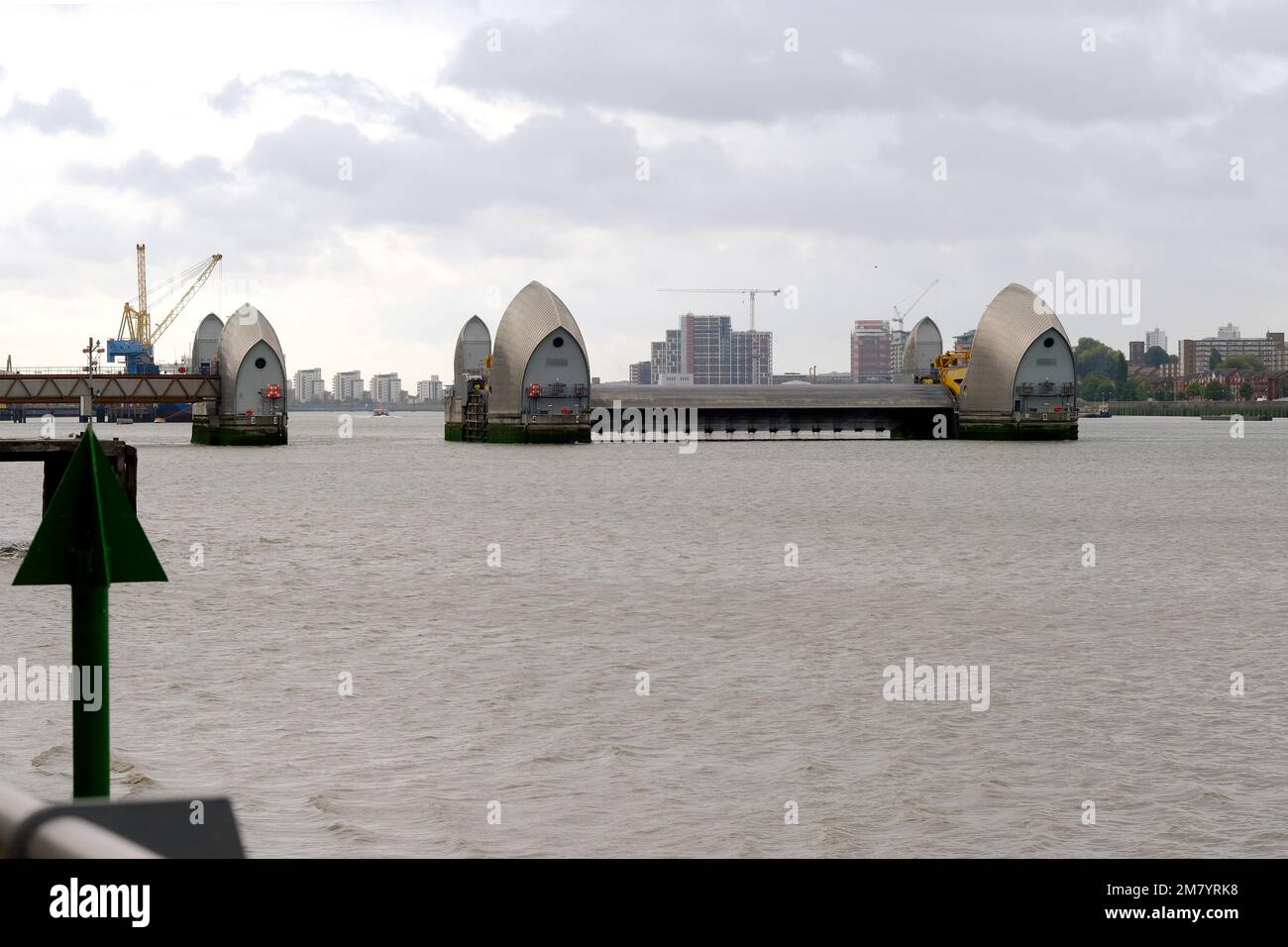 A section of the Thames Barrier is raised during a test of the flood ...