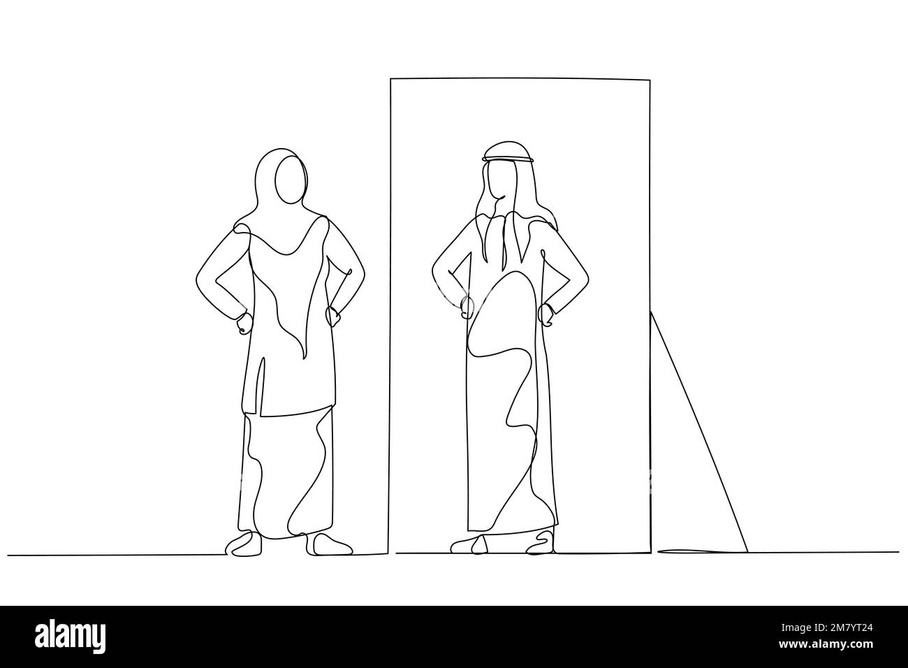 Cartoon of woman wear hijab looking at opposite gender of self on ...