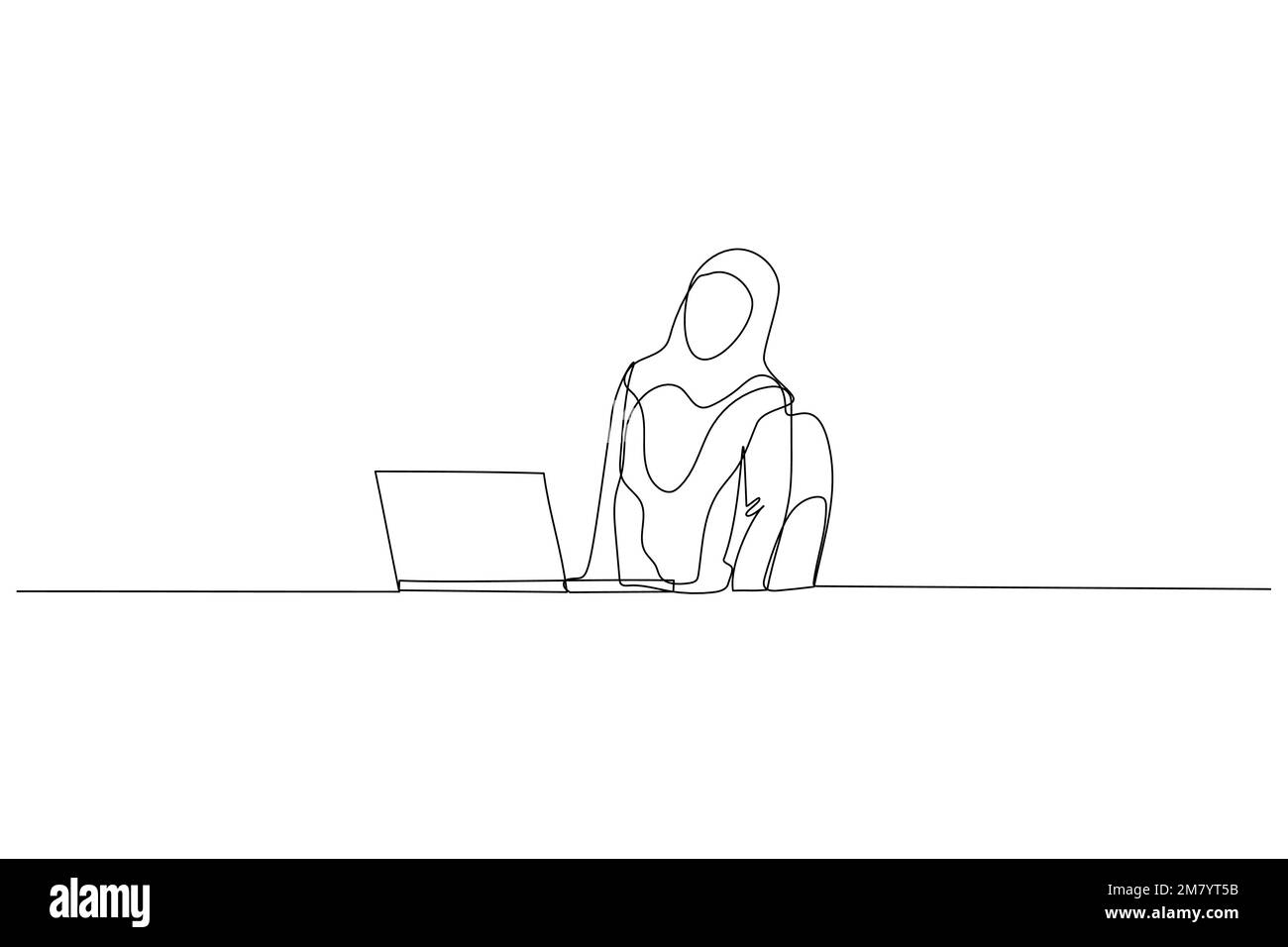 Drawing of muslim woman exhausted because overwork. One line style art ...