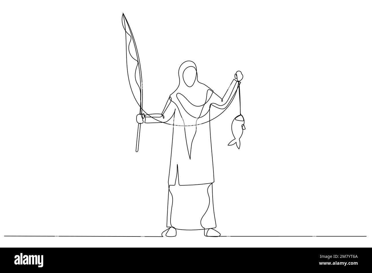 Drawing of muslim woman showing fish concept of success. Continuous ...