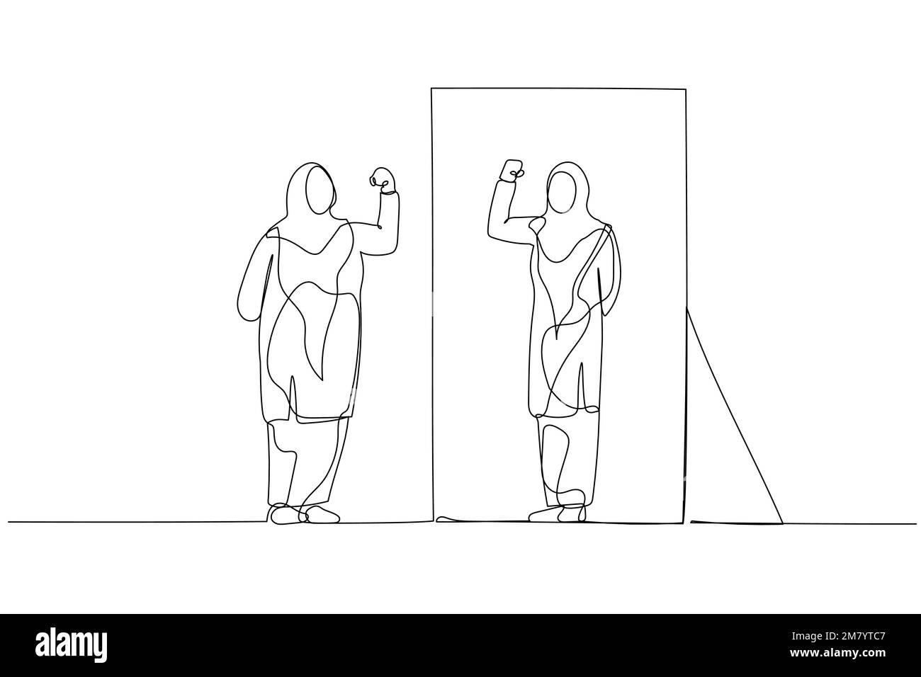Cartoon of fat woman wear hijab looking into mirror seeing fit lean ...