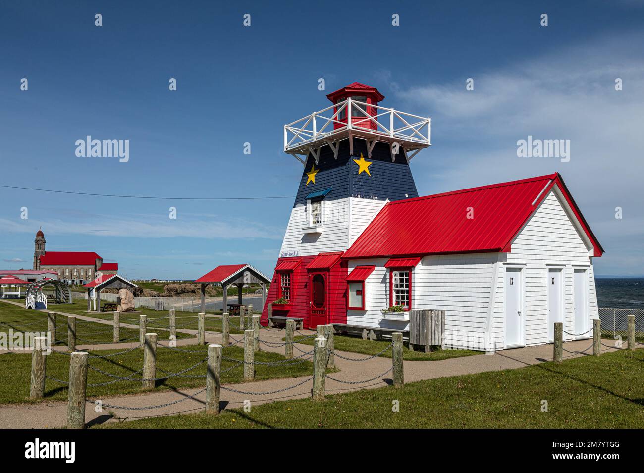 WOOD LIGHTHOUSE IN ACADIAN COLORS, NEW BRUNSWICK, CANADA, NORTH AMERICA ...