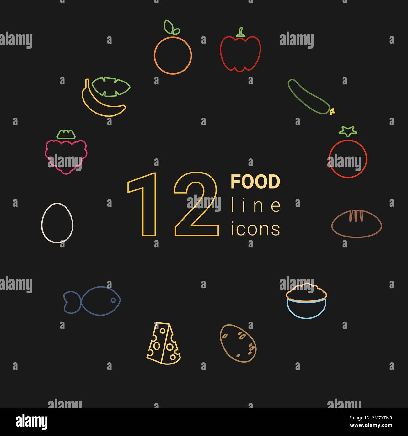 The dietary nutrition food outline icon set fruits and vegetables with ...